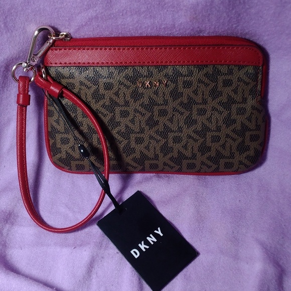 Dkny | Bags | Hp Dkny Wristlet Red And Brown Monogram | Poshmark